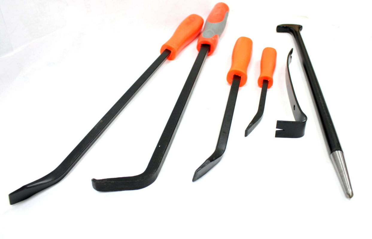 6 Pc Mechanic Pry Bar Tools Set Flat Curved Heel Bars Automotive Shop ...