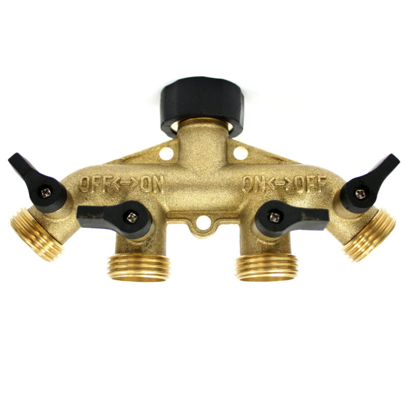 4 Way Brass 3/4" Garden Hose Splitter Pipe Tap Faucet Adapter w/ Shut ...