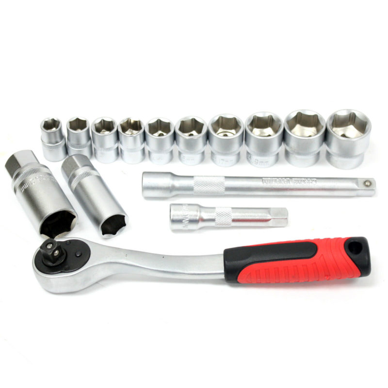 15pc 3/8" Dr. 6pt MM Socket Ratchet Extension Bar & 16mm 21mm Spark ...