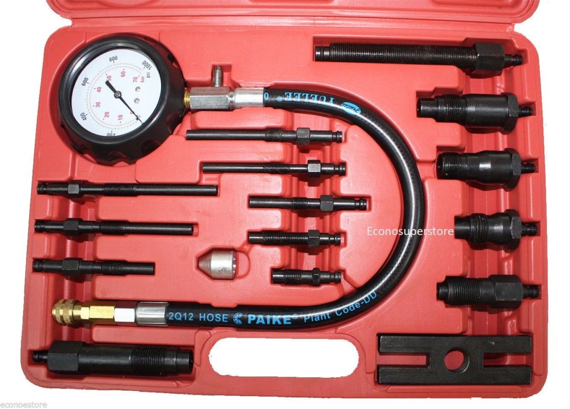 17PC DIESEL ENGINE CYLINDER COMPRESSION TESTER GAUGE GLOW PLUG INJECTOR ...