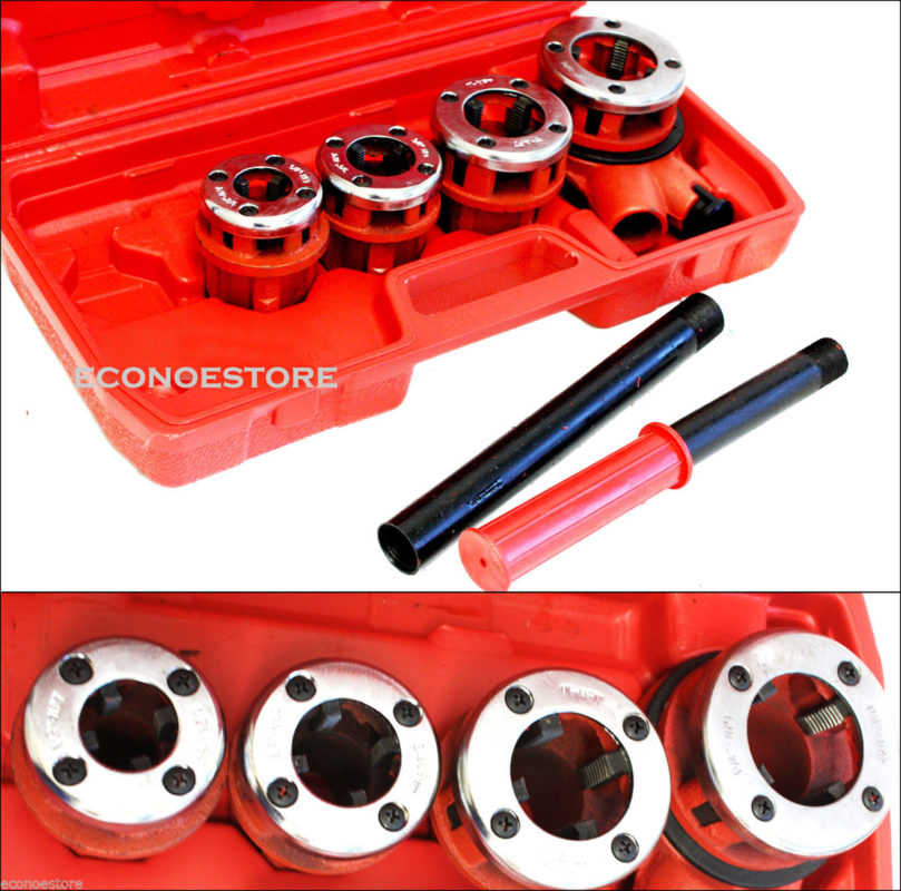 4 Pc Ratcheting Stock Dies Plumbing Ratchet Handle Pipe Threader Kit ...